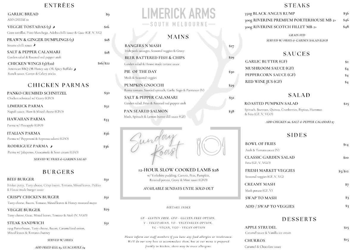 Menu at Limerick Arms Hotel restaurant, South Melbourne