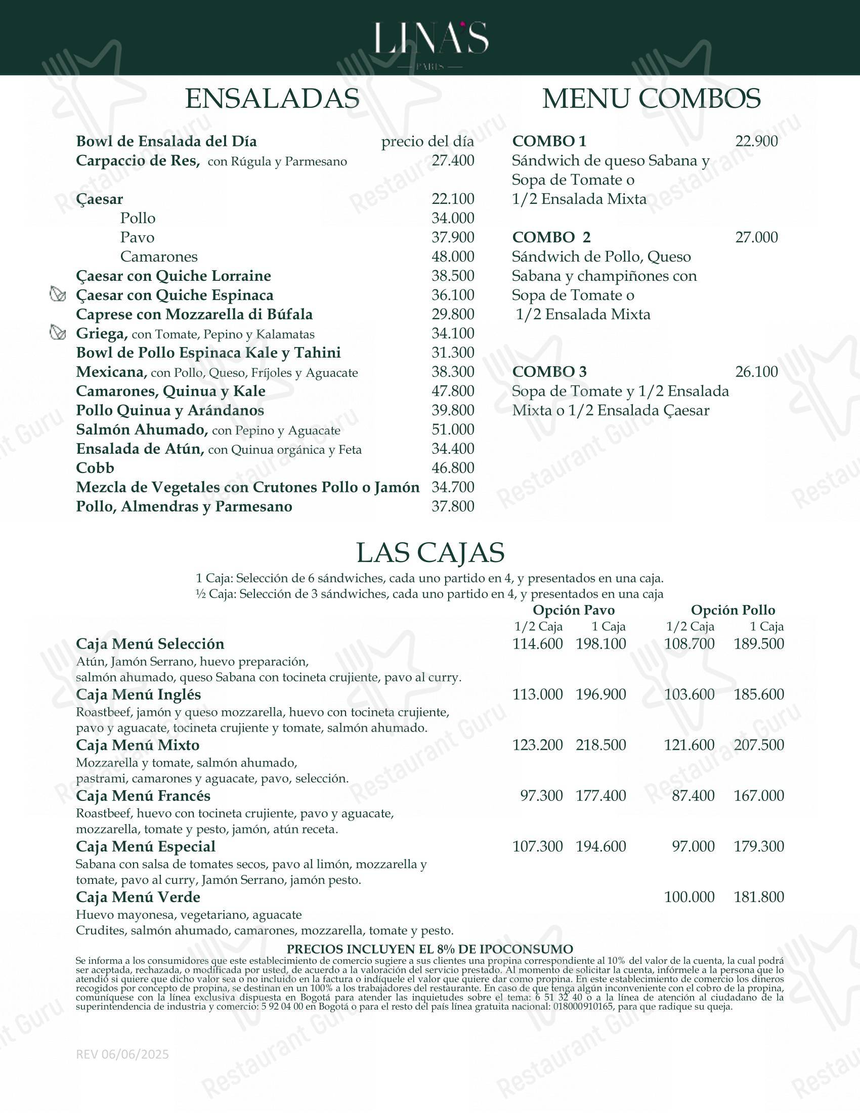 Menu at Lina’s Sandwiches restaurant, Bogotá, Cra. 11 # 82-71 Local 150