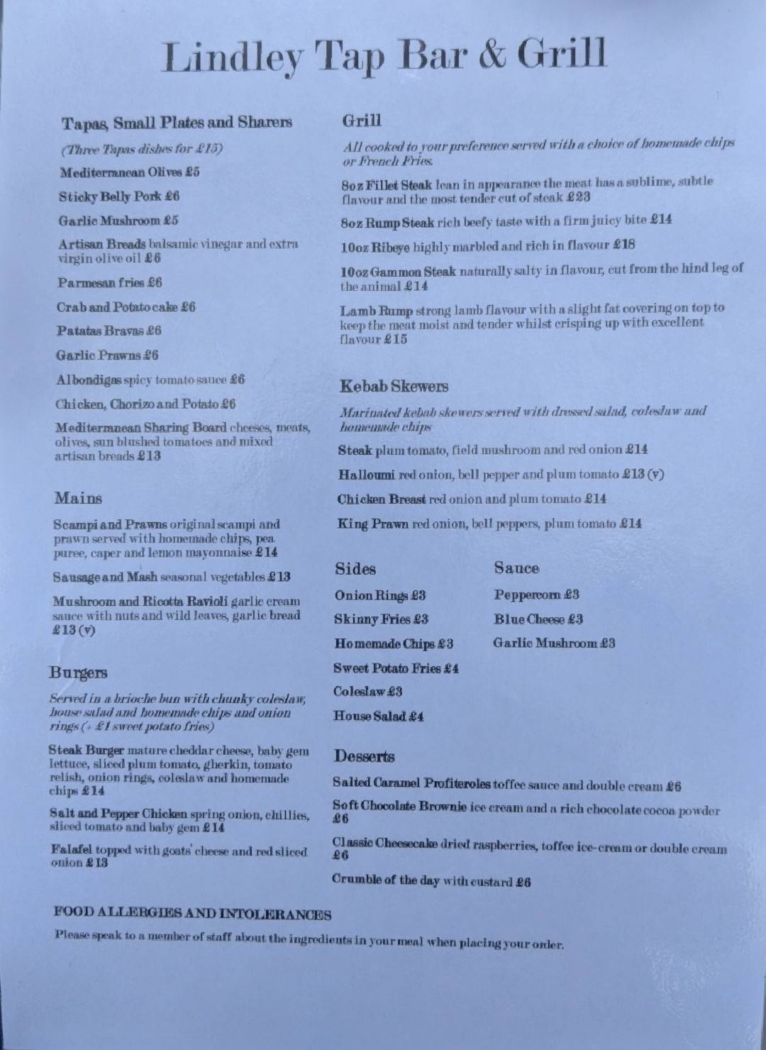 Menu at Lindley Tap Bar & Grill, Huddersfield