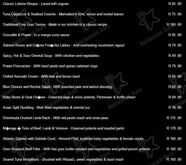 Menu at Linger Longer restaurant, Sandton