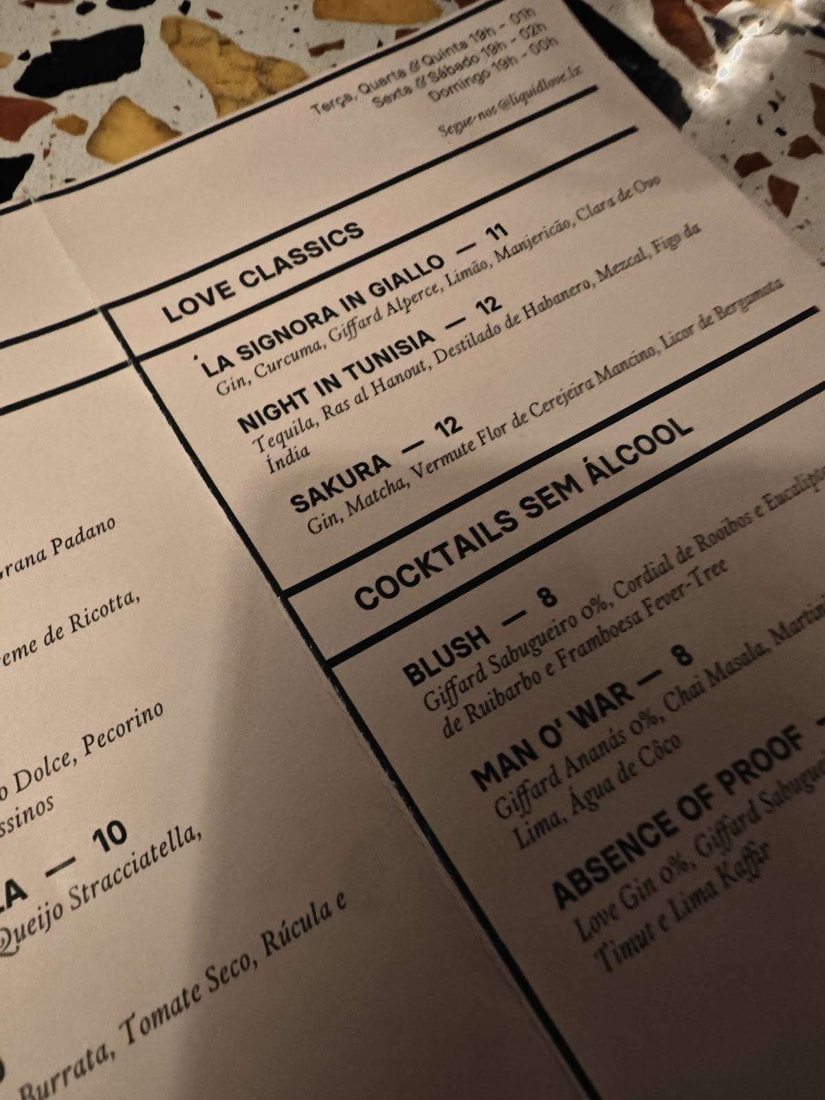 Menu at Liquid Love Cocktails and Food pub & bar, Lisbon