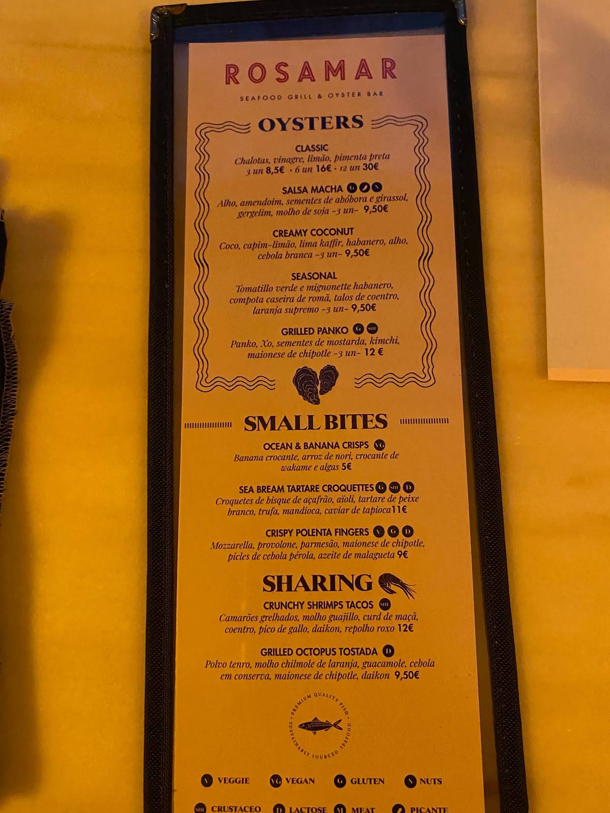 Menu at Rosamar restaurant, Lisbon