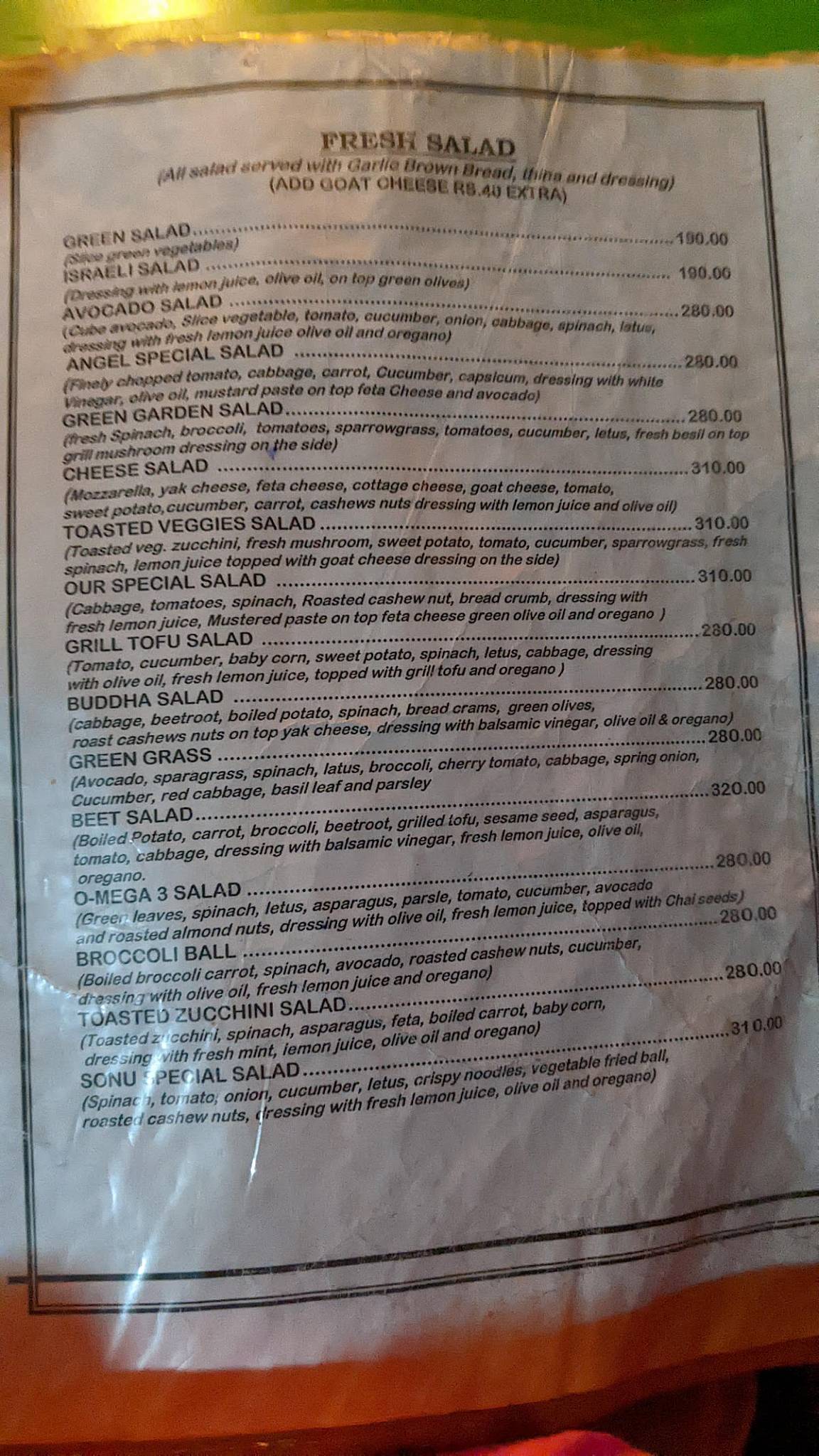 Menu at Little Buddha Cafe, Rishikesh
