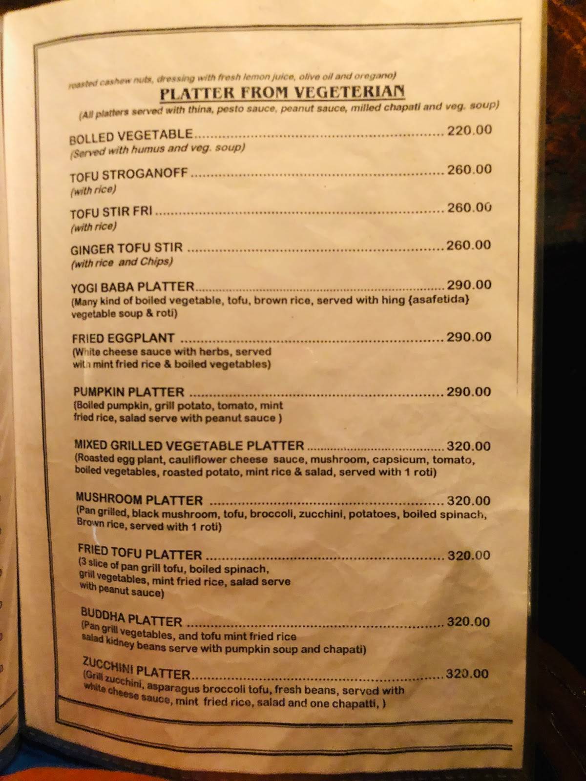 Menu at Little Buddha Cafe, Rishikesh