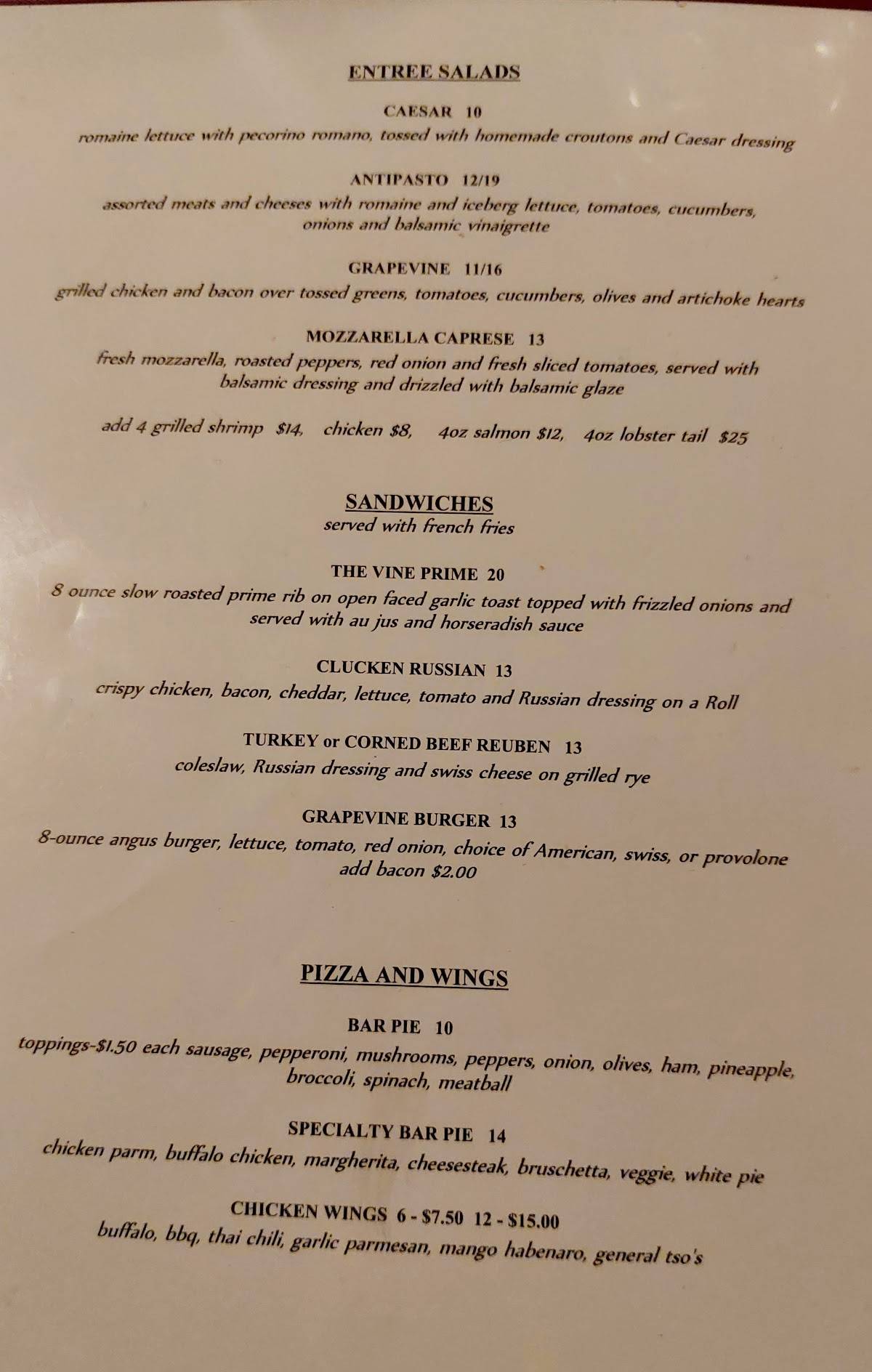 Menu at The Grapevine restaurant, Tuckerton