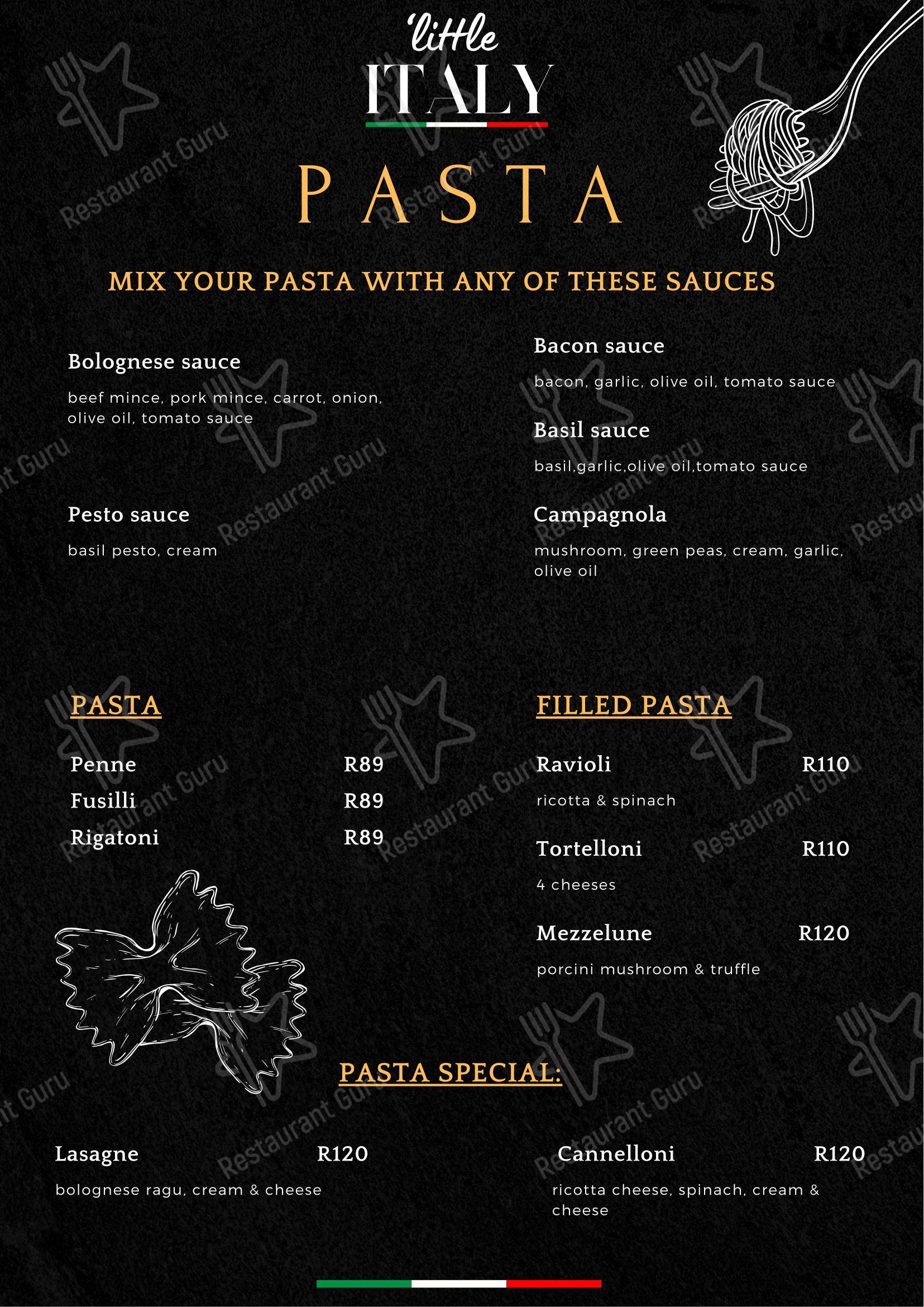 Menu au Little Italy Trattoria, Kleine Hopefield Farm restaurant, Hopefield