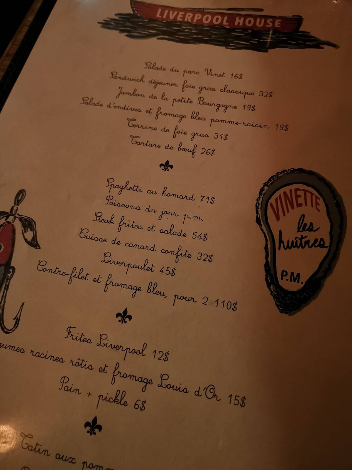 Menu au Liverpool House restaurant, Montréal