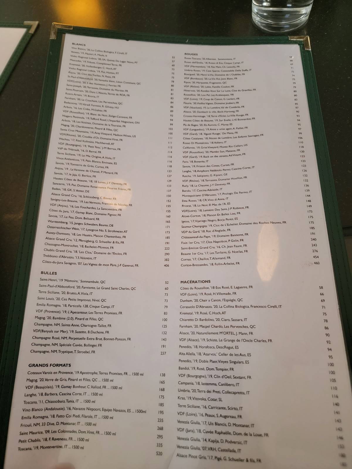 Menu at Liverpool House restaurant, Montréal