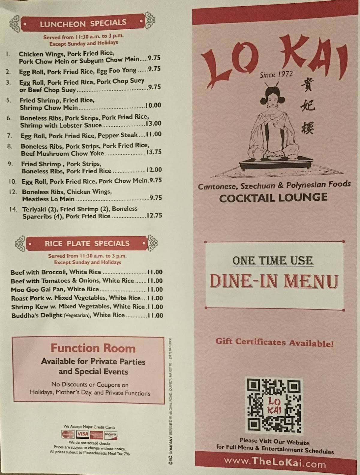 Menu at Lo Kai Restaurant, Dracut