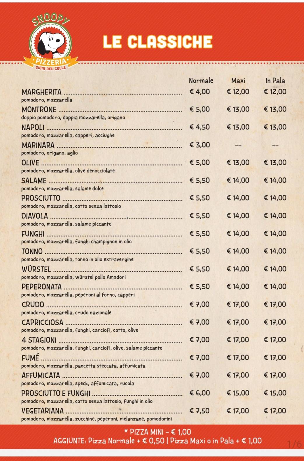 Menu at Lo Snoopy restaurant, Gioia del Colle