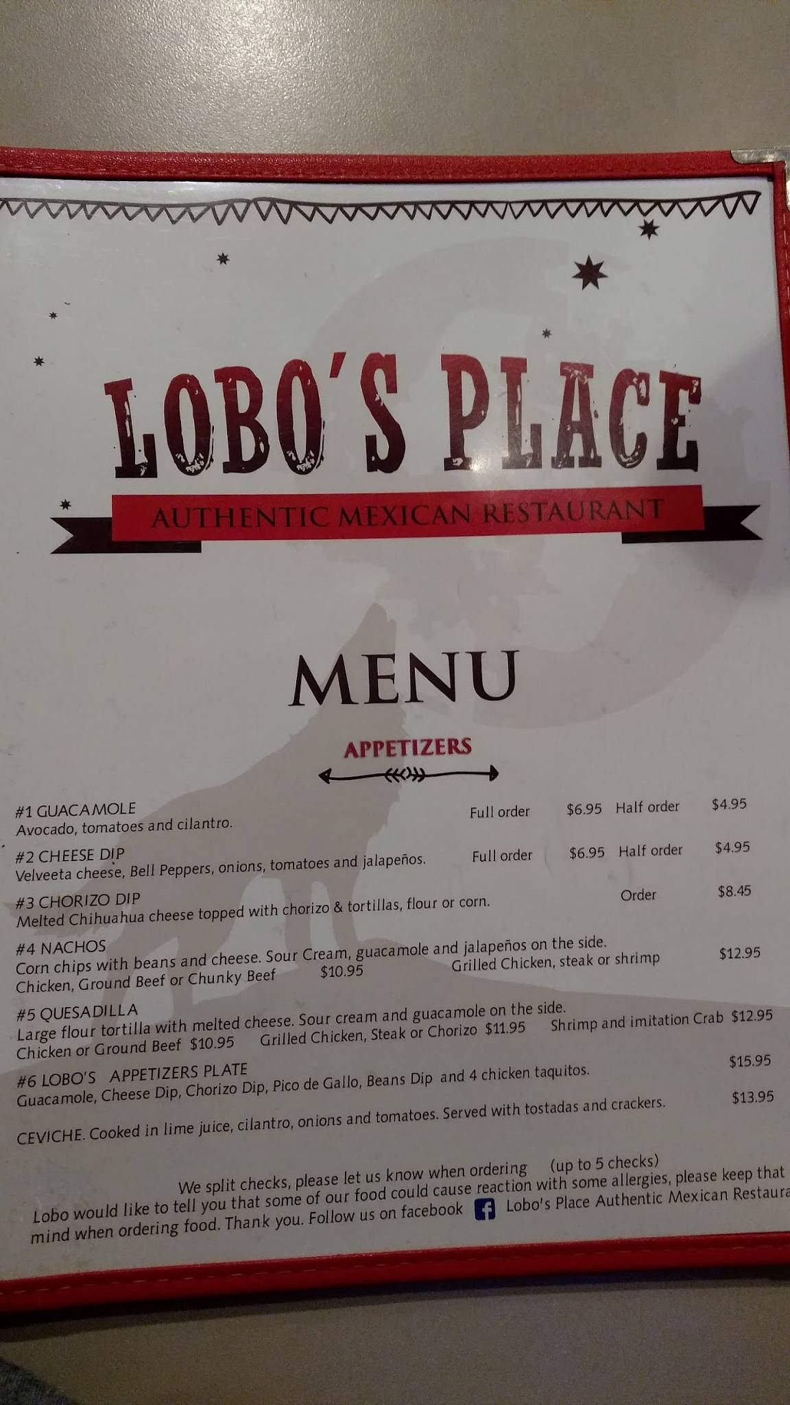 Menu at Lobo's Place restaurant, Grafton, Wisconsin Ave