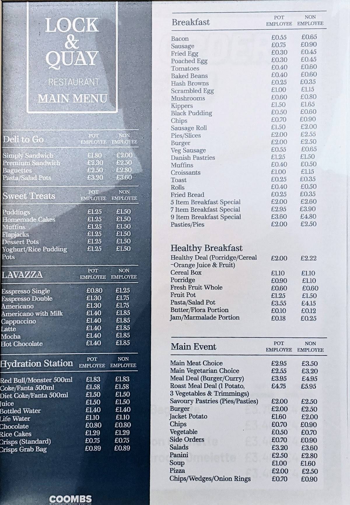Menu at Lock & Quay restaurant, Tilbury