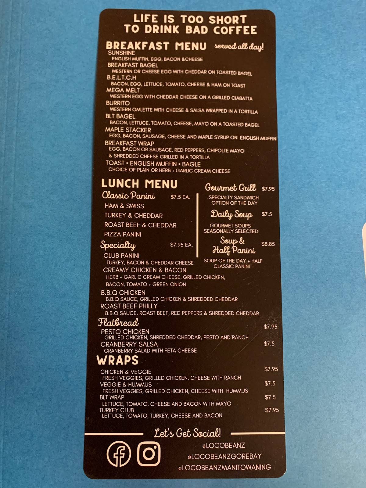Menu at Loco Beanz Coffee House, Little Current