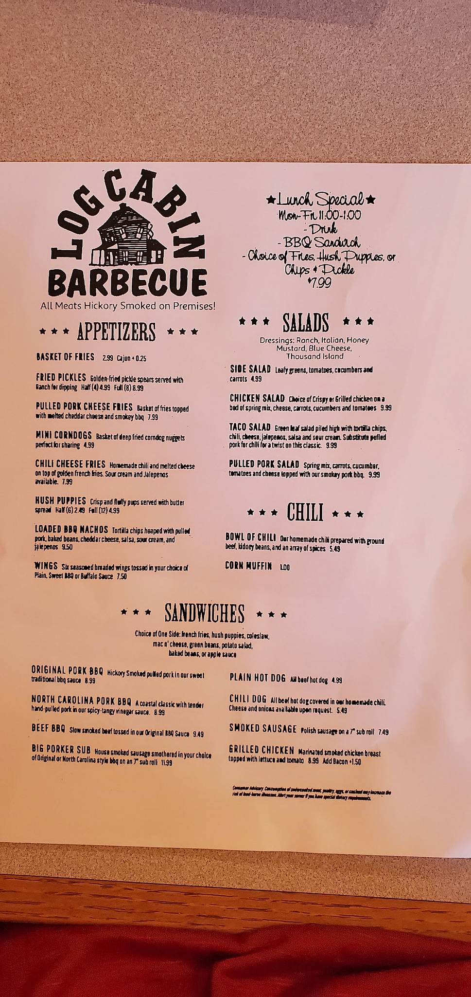 Menu at Log Cabin Barbecue, McGaheysville, Spotswood Trail