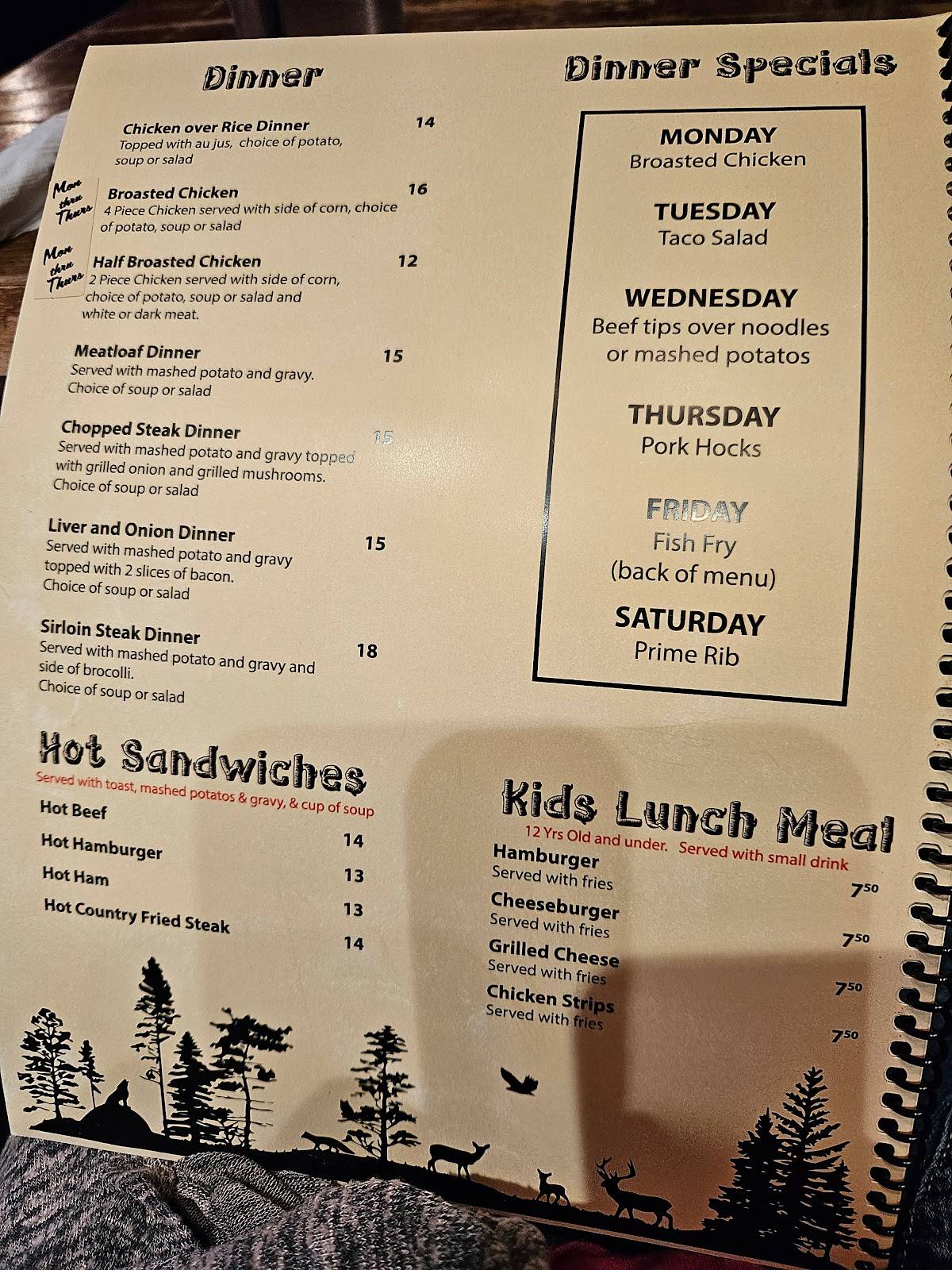 Menu at Log Cabin Inn restaurant, Howards Grove