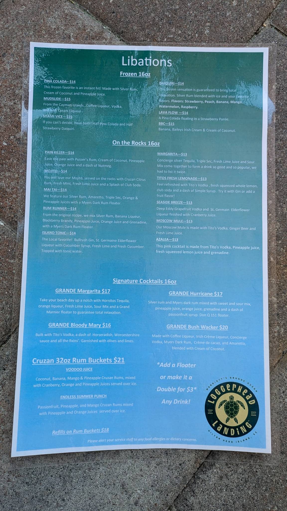 Menu at Loggerhead Landing pub & bar, Hilton Head Island