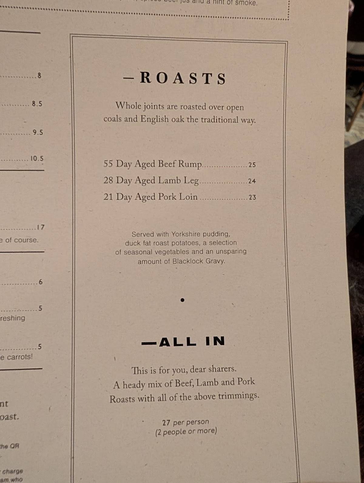 Menu at Blacklock Covent Garden steakhouse, London