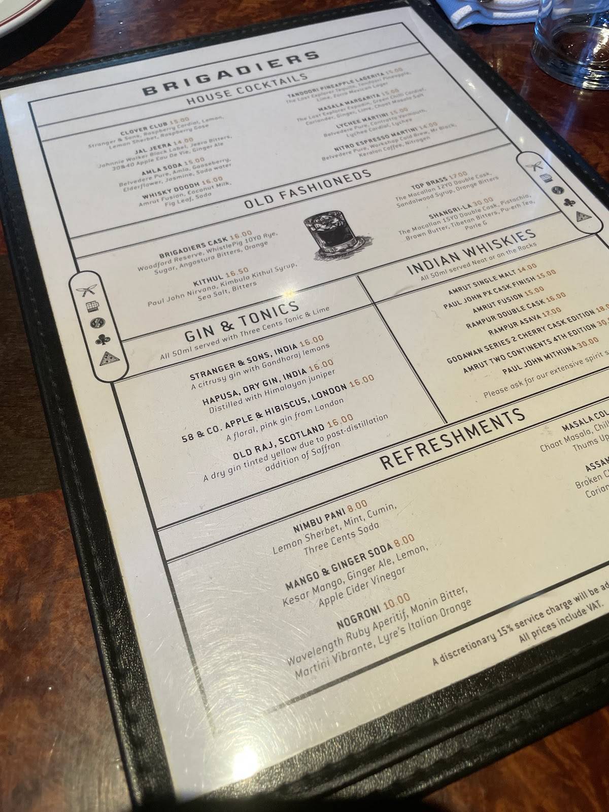 Menu at Brigadiers restaurant, London