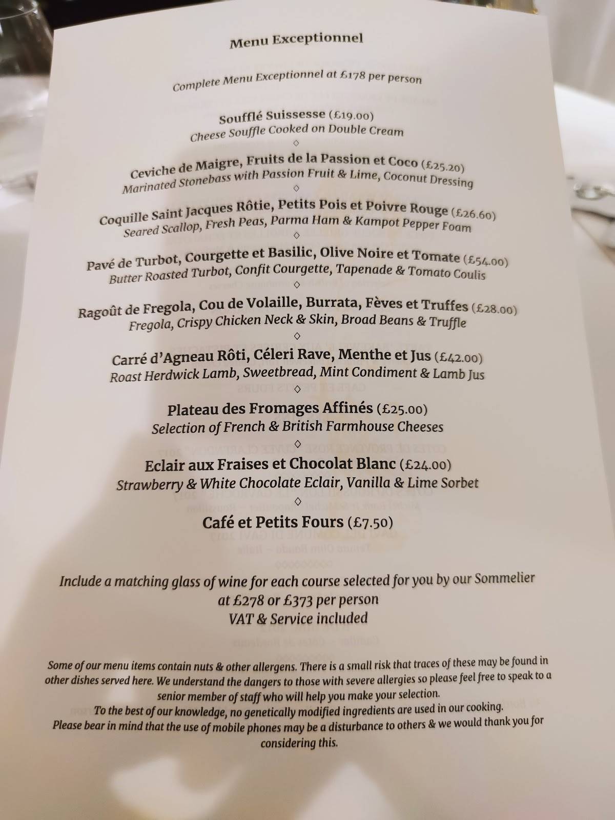 Menu at Le Gavroche restaurant, London