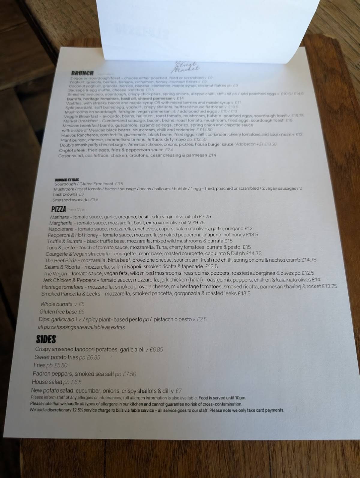 Menu at Mare Street Market restaurant, London