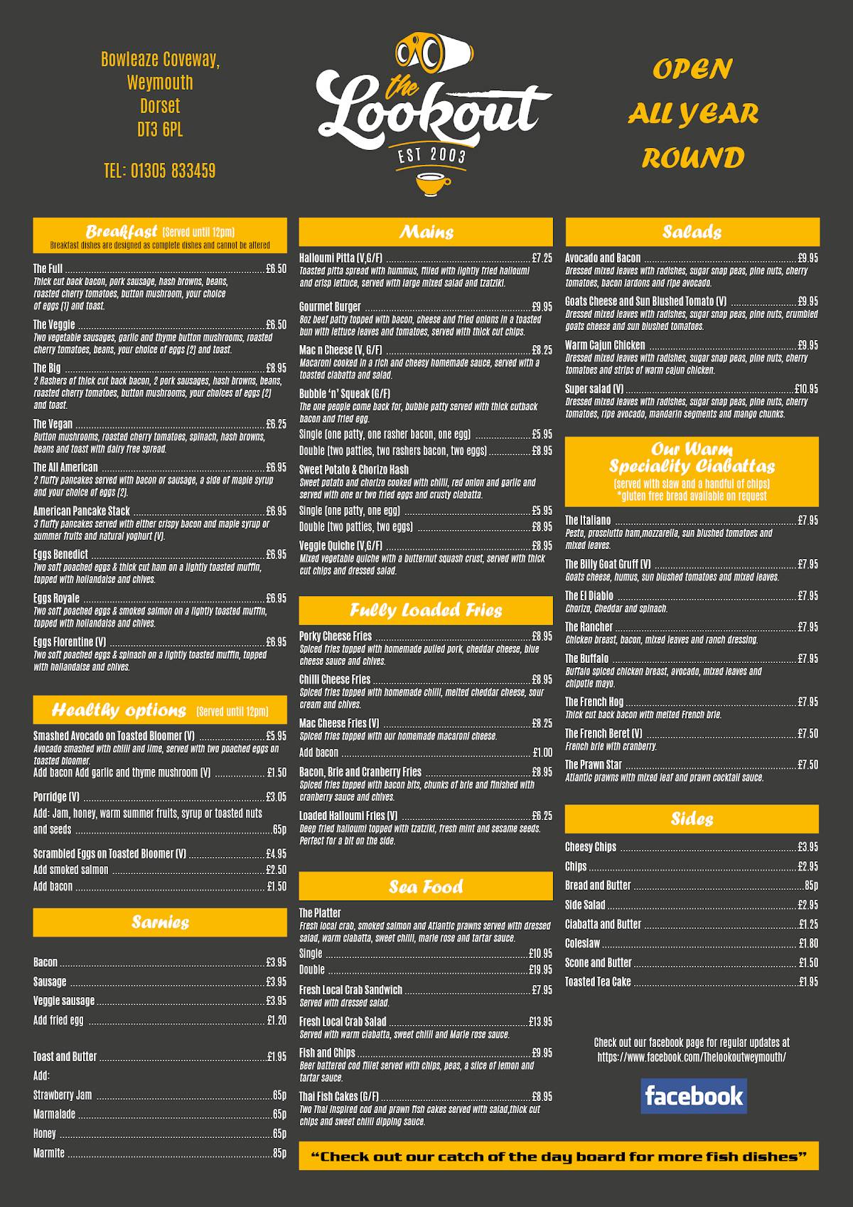 Menu at Lookout Cafe, Weymouth