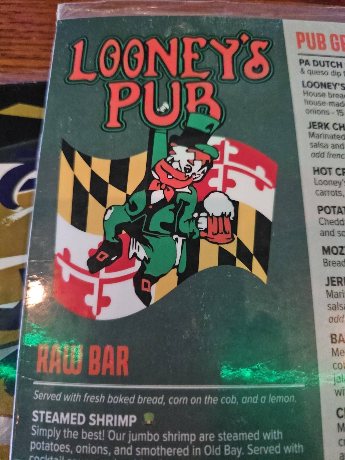 Menu at Looney's Pub, Bel Air