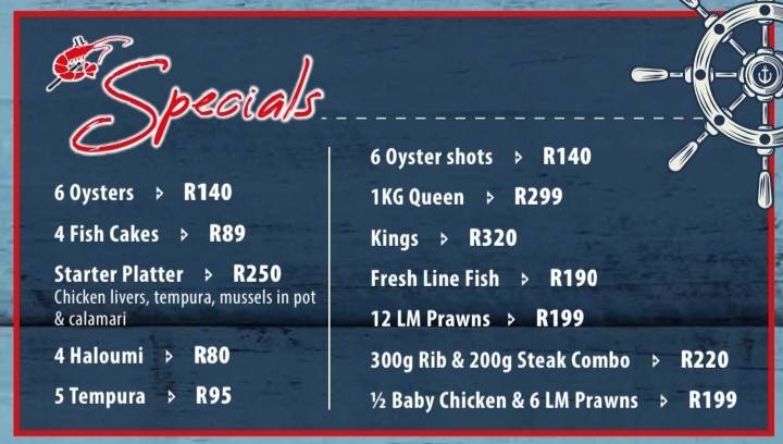 Menu at Lord Prawn Fish & Grill restaurant, Durban