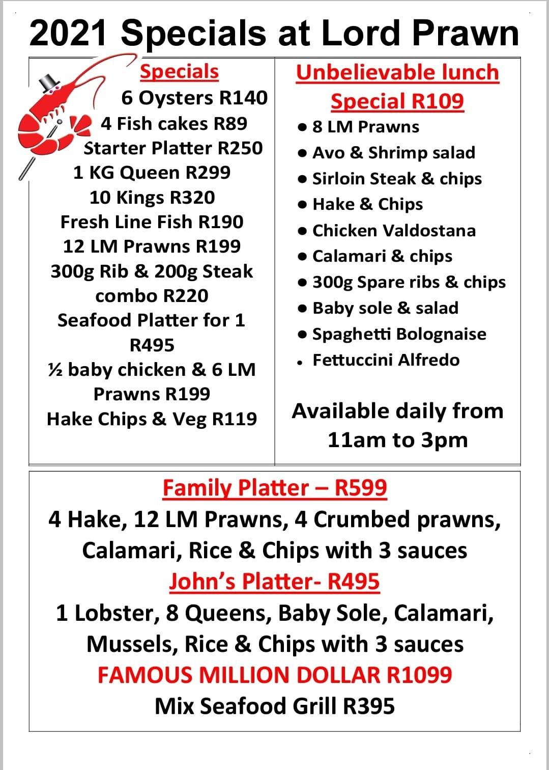Menu at Lord Prawn Fish & Grill restaurant, Durban