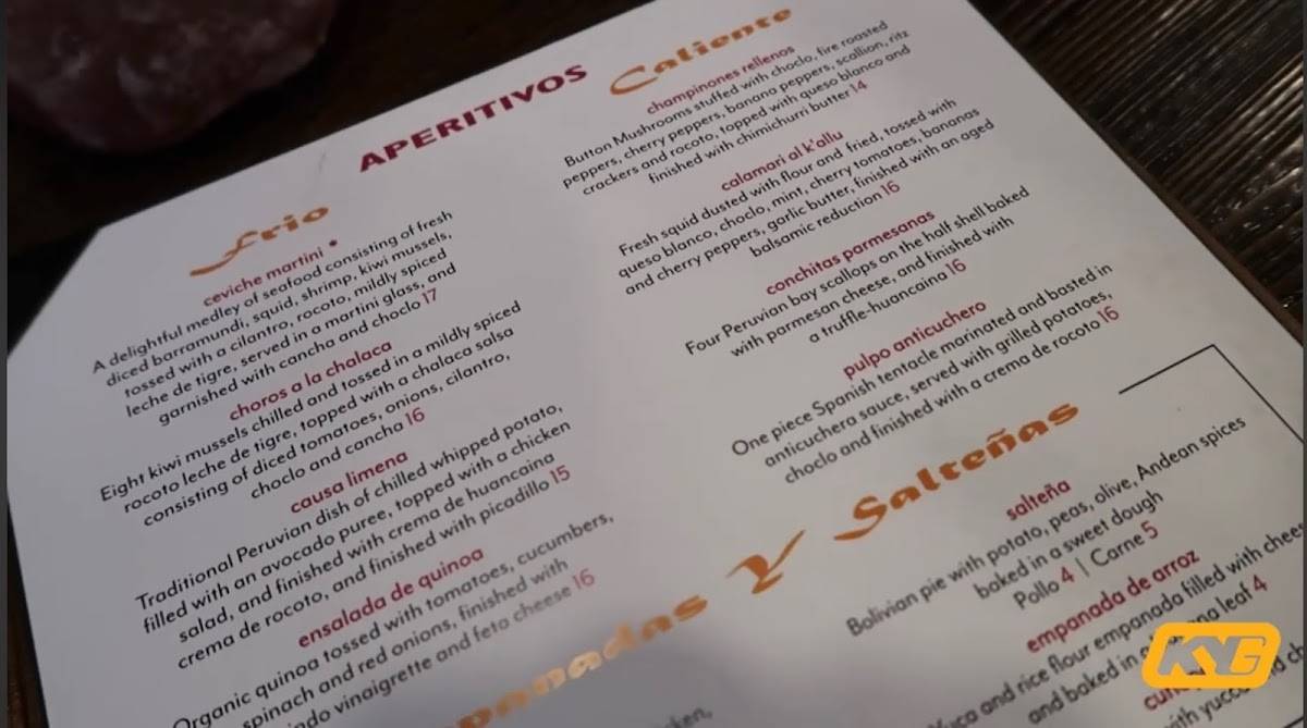Menu at Los Andes restaurant, Providence