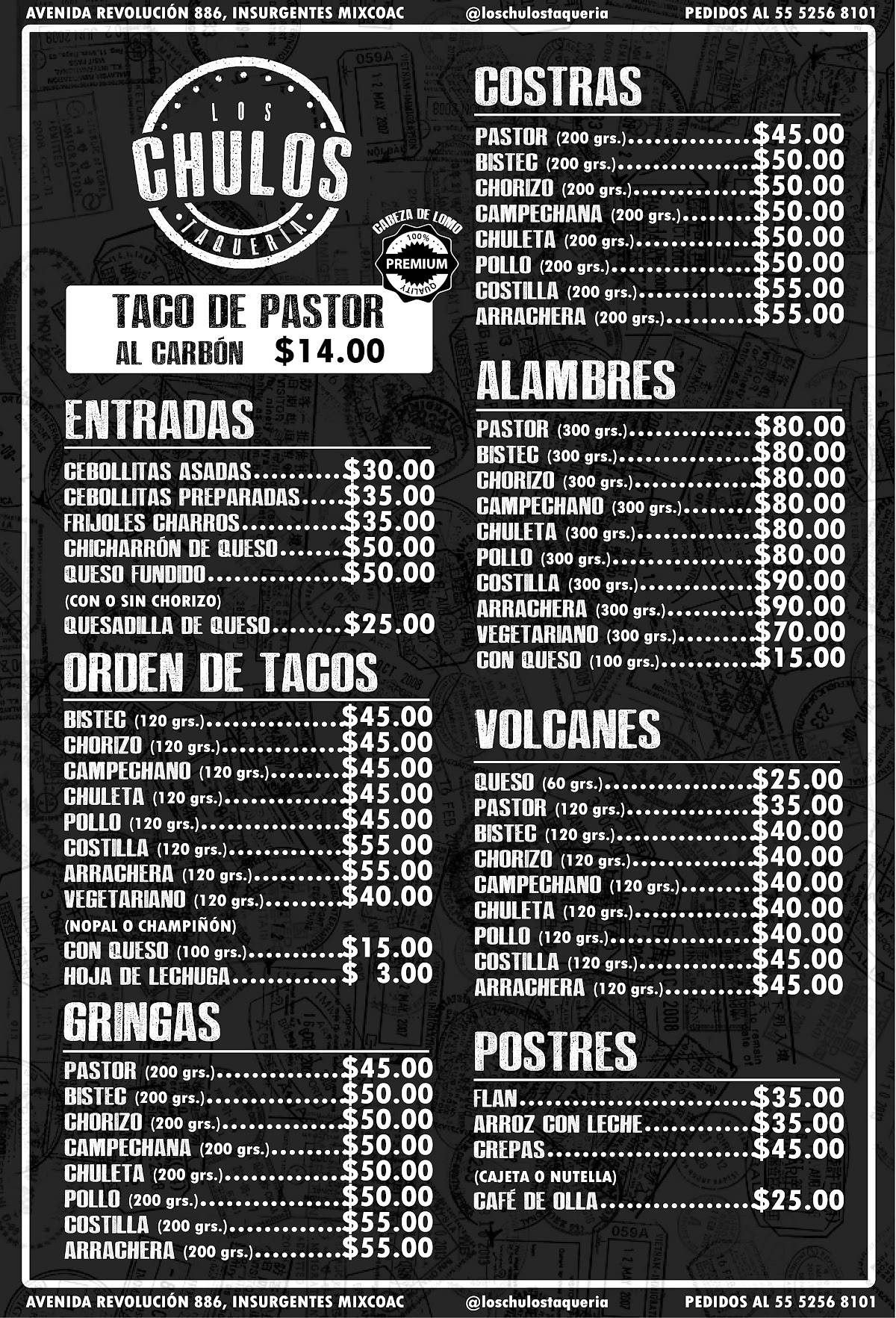 Carta del restaurante Los Chulos Taqueria, Ciudad del México