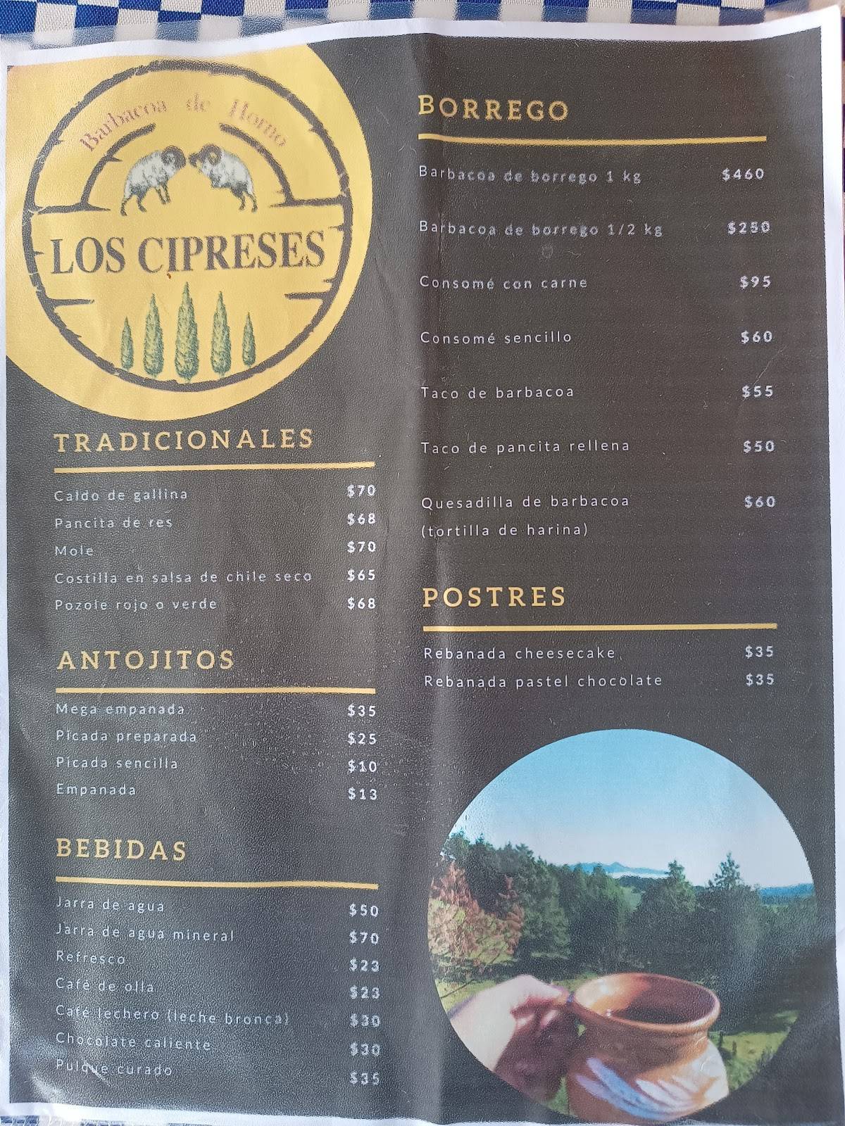 Menu at Los Cipreses- Barbacoa de horno, Las Vigas de Ramírez