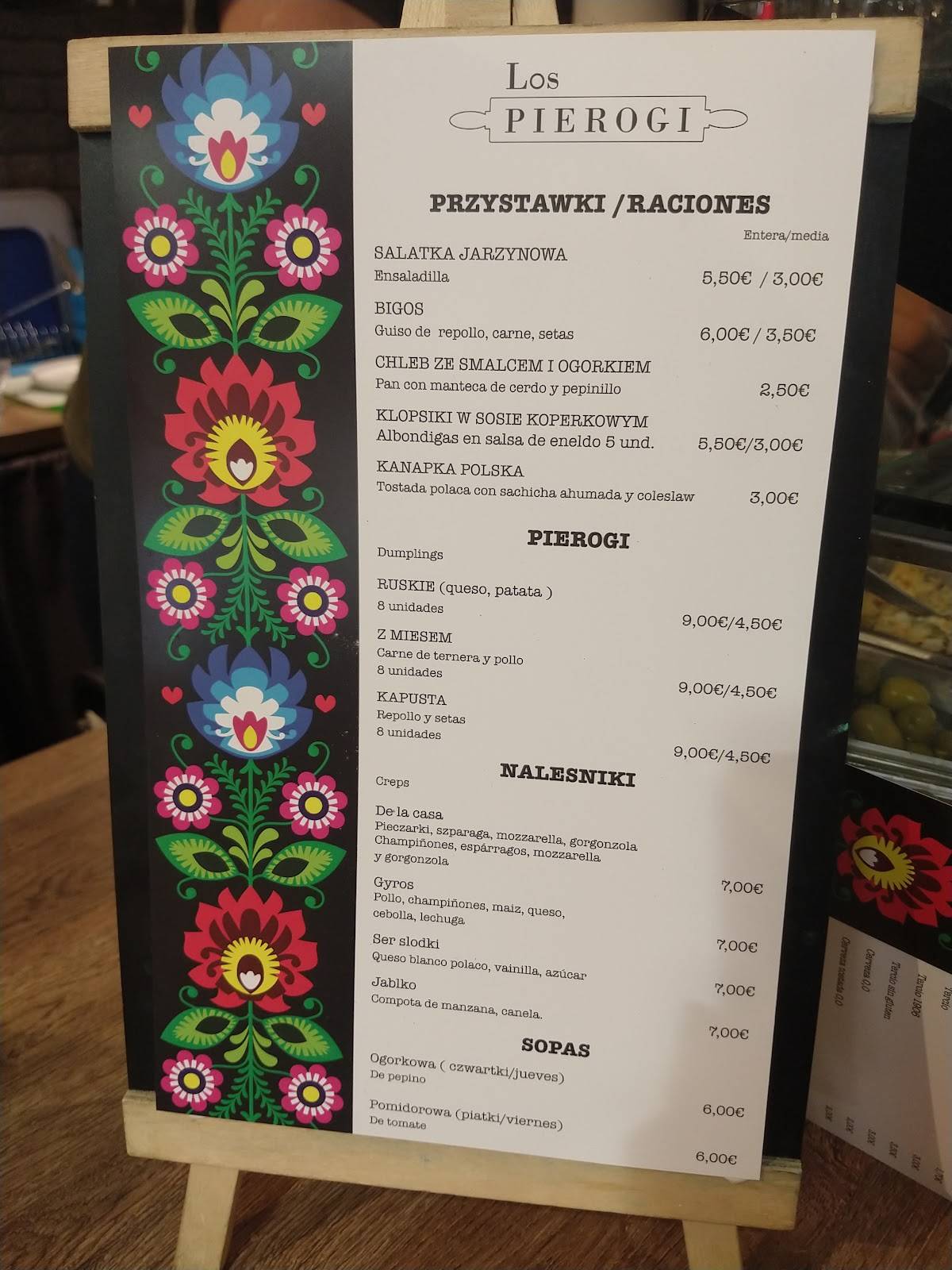 Carta del restaurante Los Pierogi, Madrid