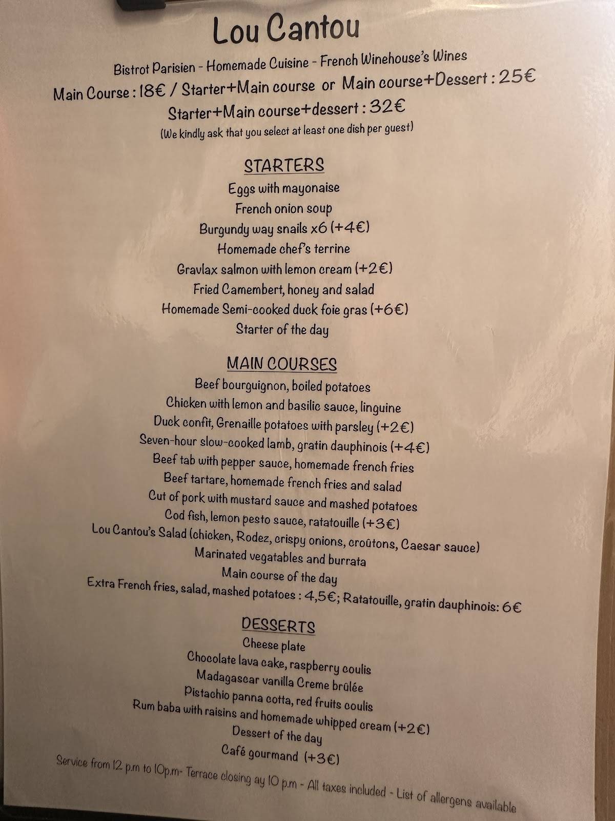 Menu at Lou Cantou restaurant, Paris, 35 Cité d'Antin