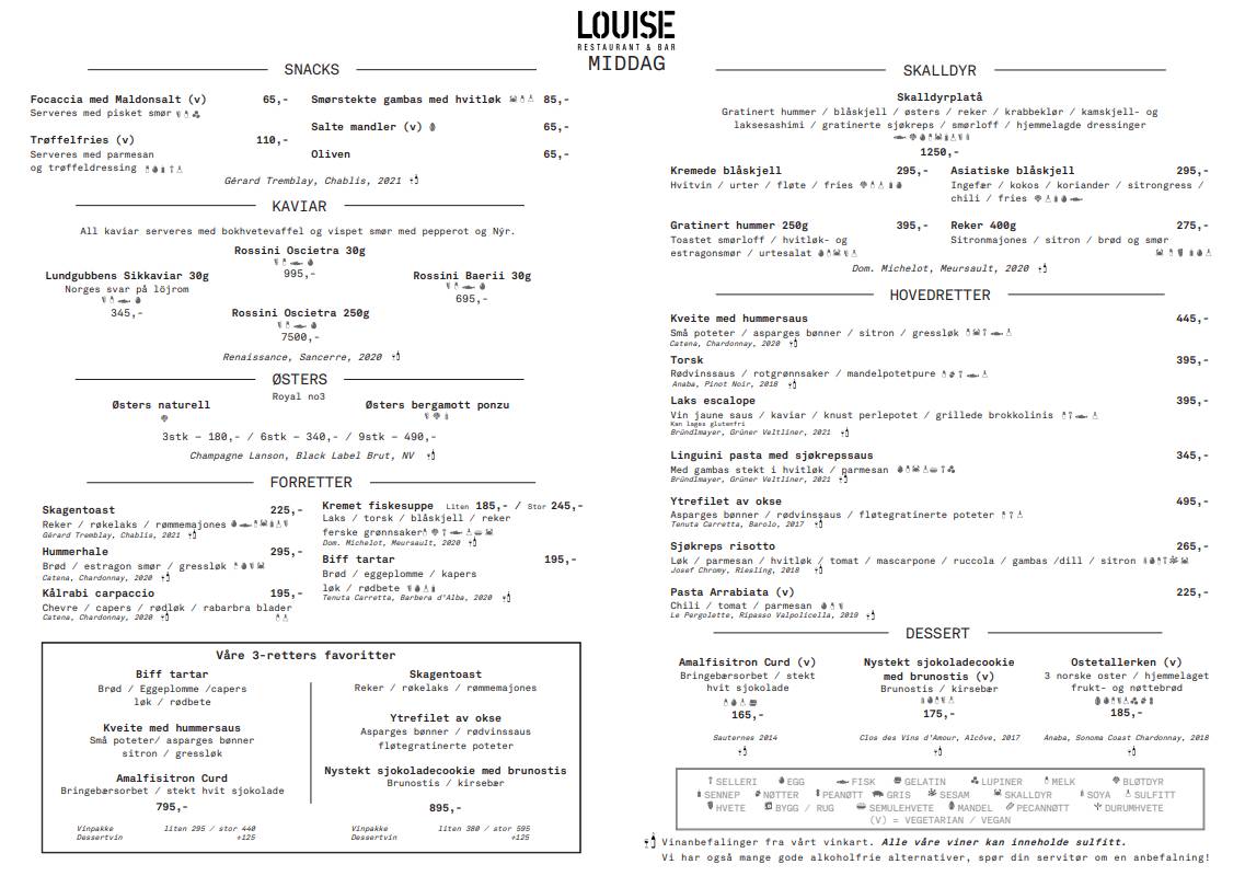 Menu at Louise Restaurant & Bar, Oslo