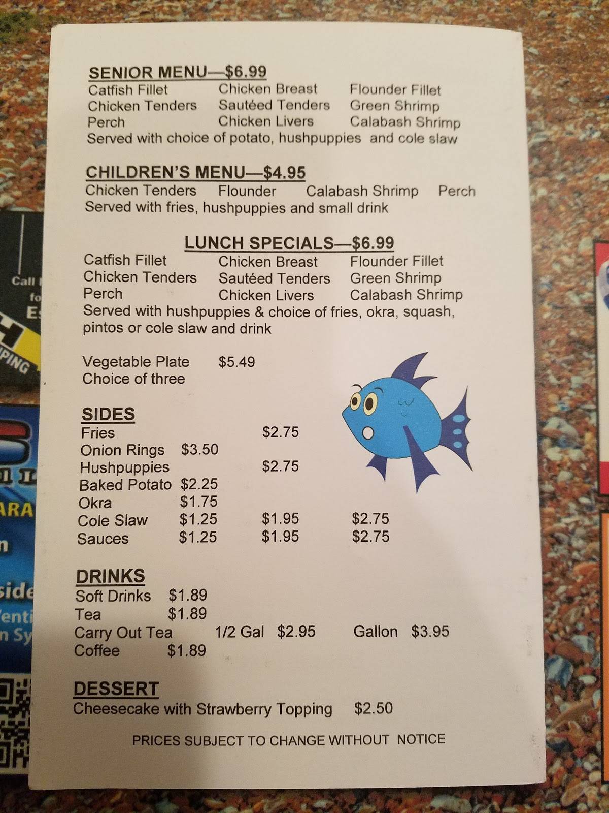 Menu at Love's Fish Box restaurant, Kings Mountain