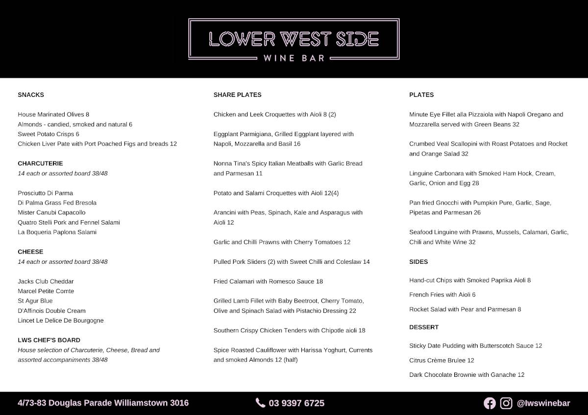 Menu at Lower West Side restaurant, Williamstown