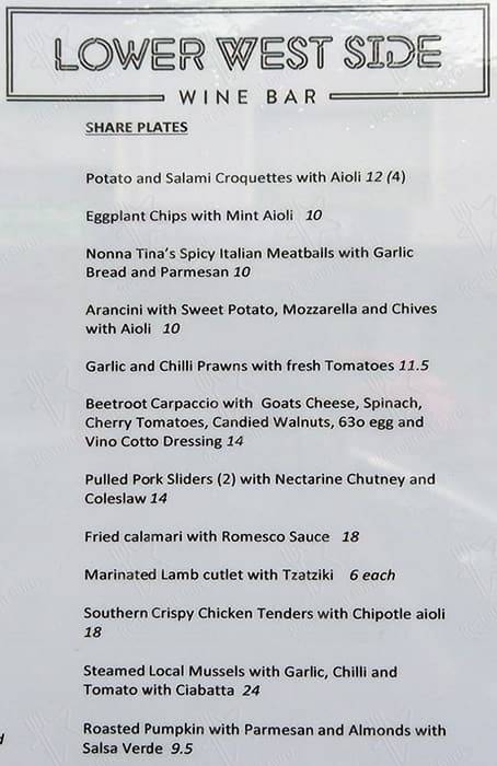 Menu at Lower West Side restaurant, Williamstown