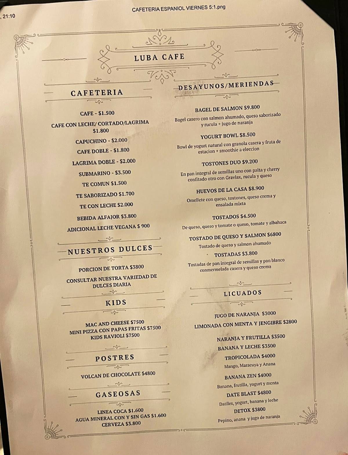 Carta de Luba Café Store Kosher y Vegano, Buenos Aires