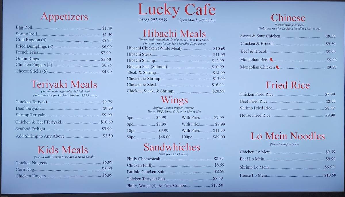 Menu at Lucky Cafe, Forsyth