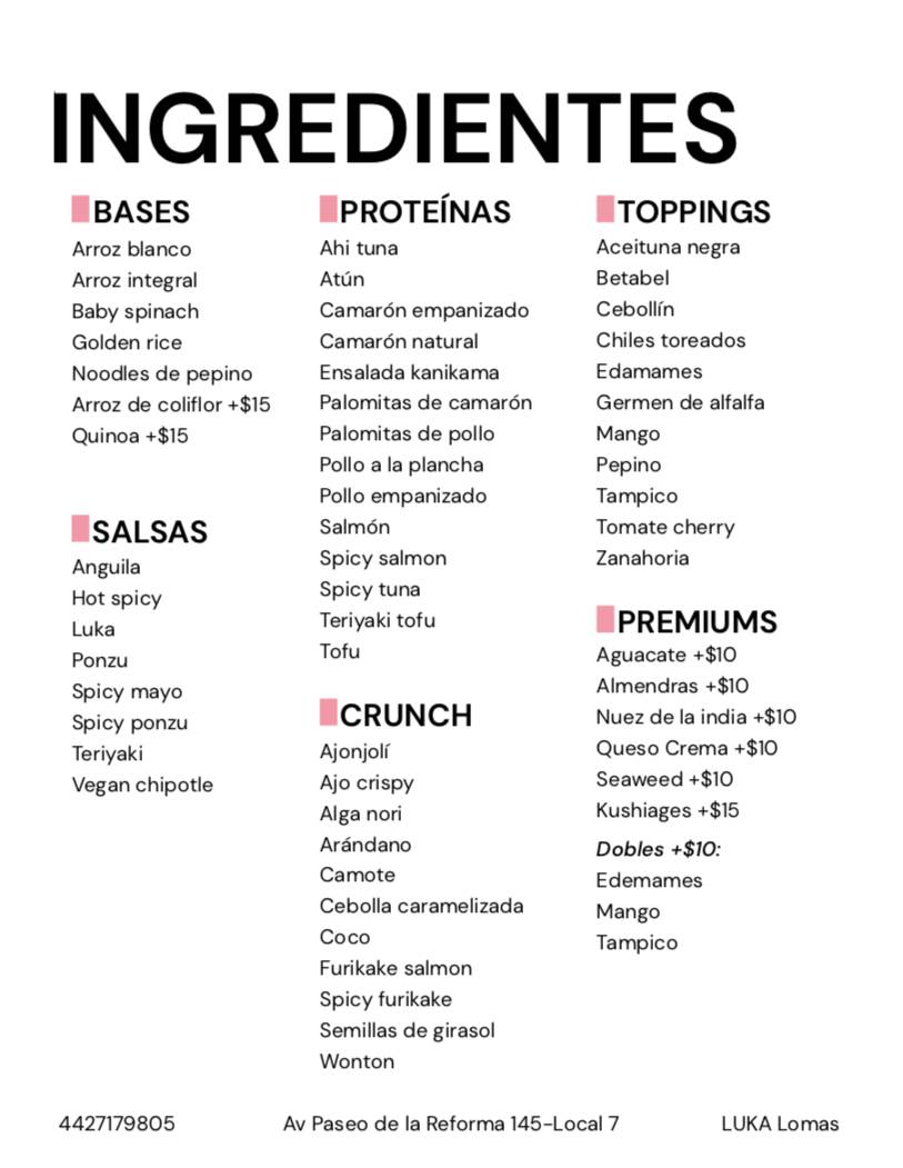 Carta del restaurante Luka Pokes, Santiago del Querétaro, Av. Paseo del ...