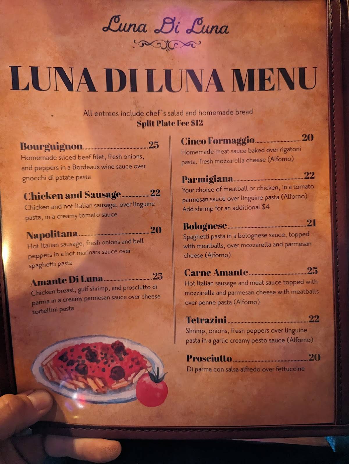 Menu at Luna Di Luna restaurant, Bloomington