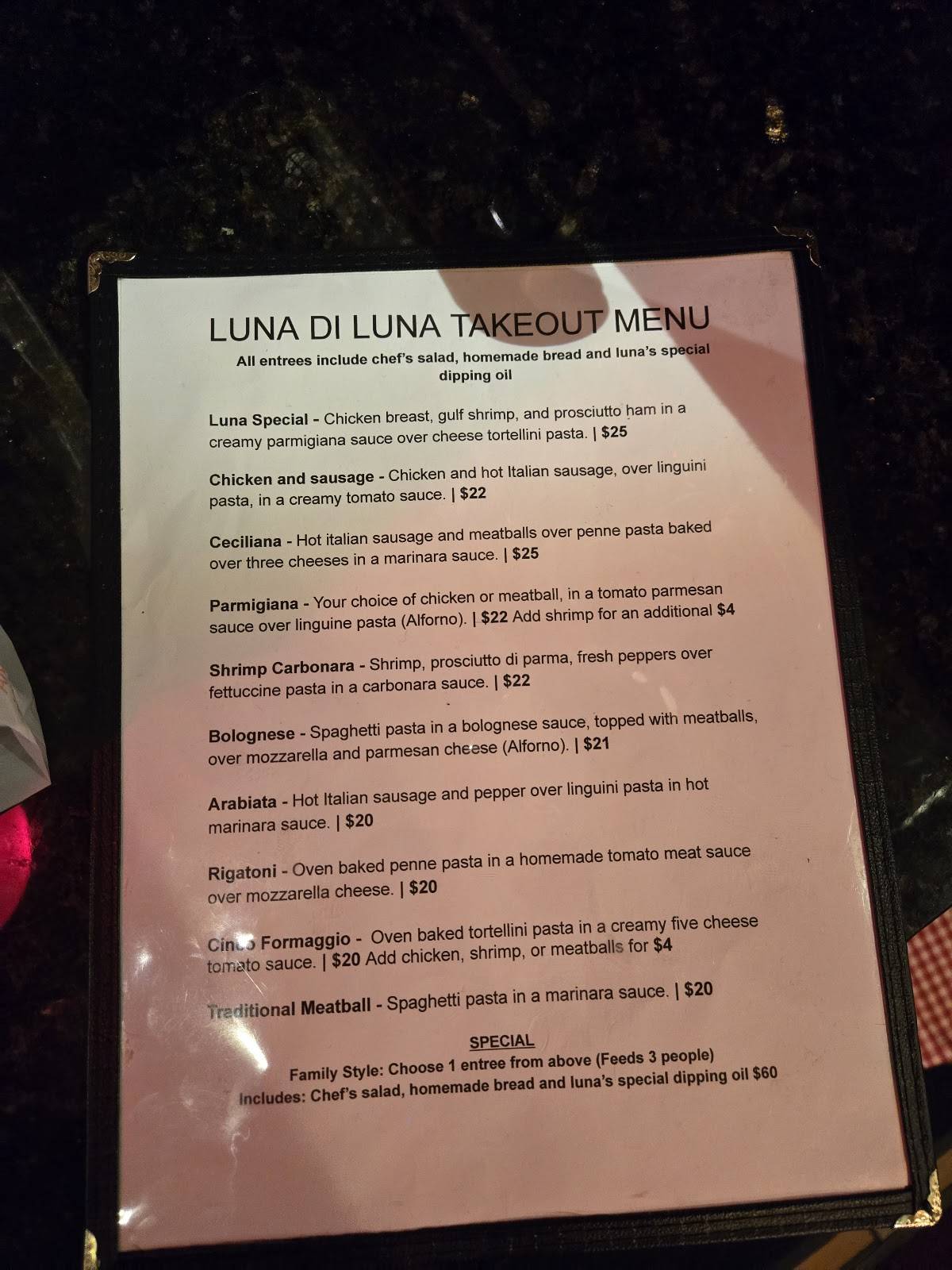 Menu at Luna Di Luna restaurant, Bloomington
