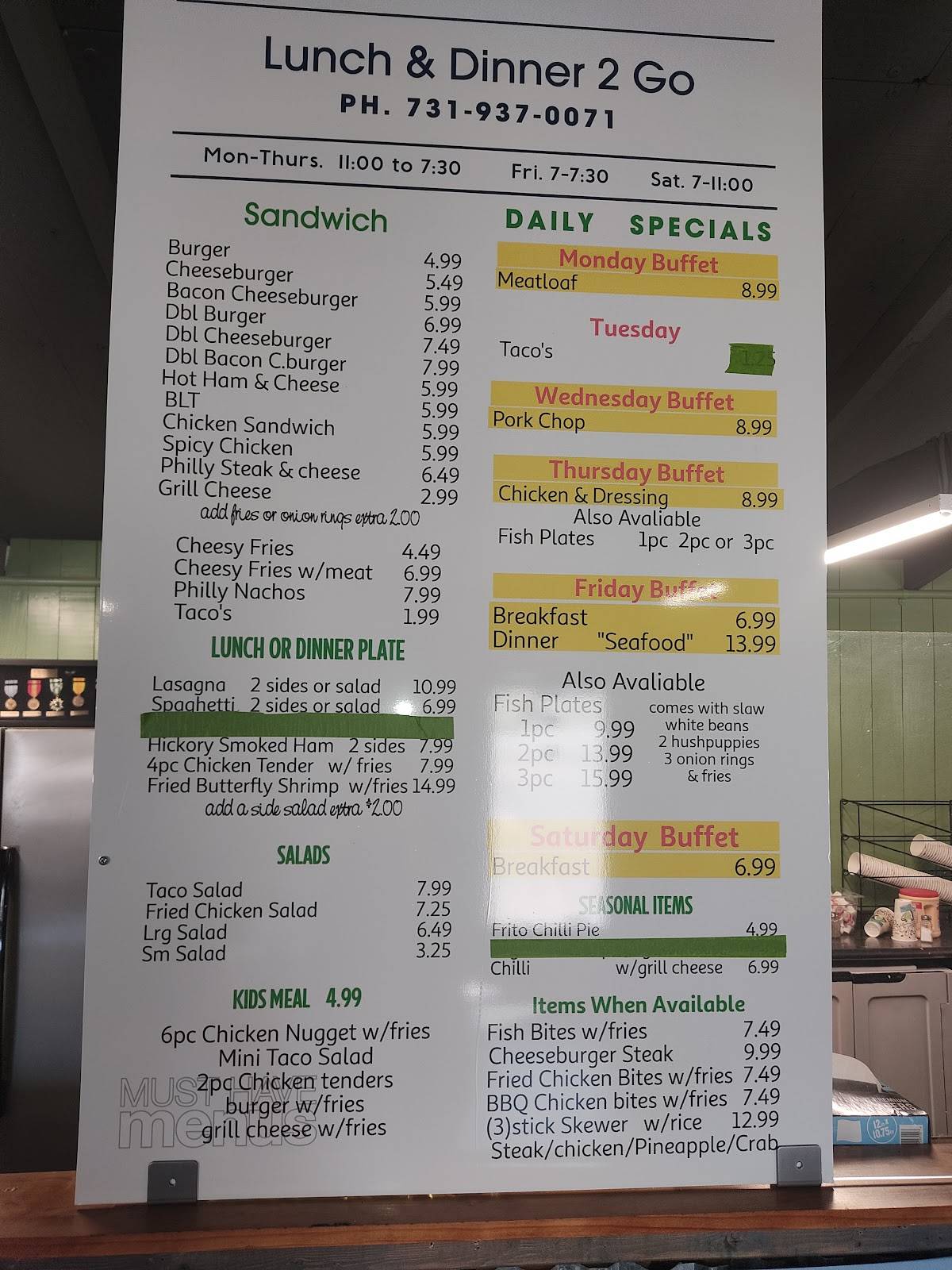 Menu at Lunch and Dinner To-go restaurant, Kenton