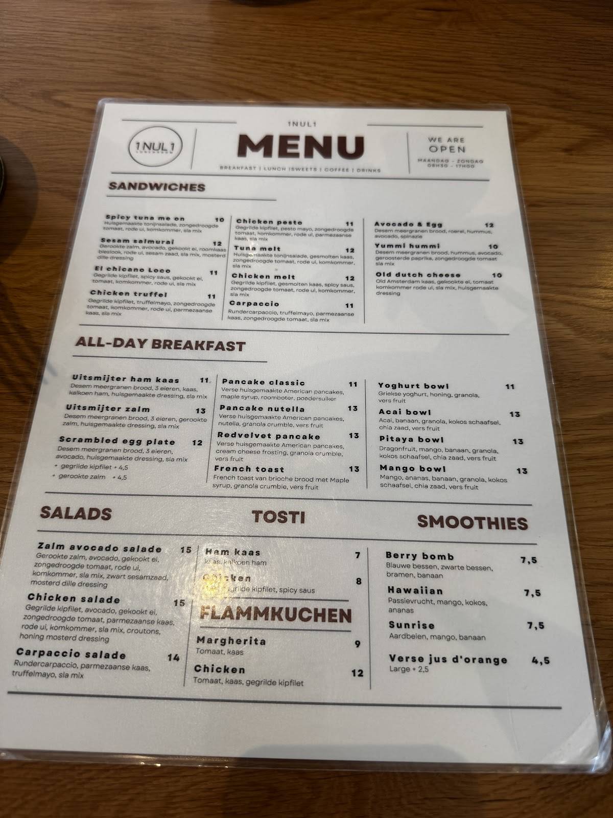 Menu at Lunchroom 1NUL1, Eindhoven