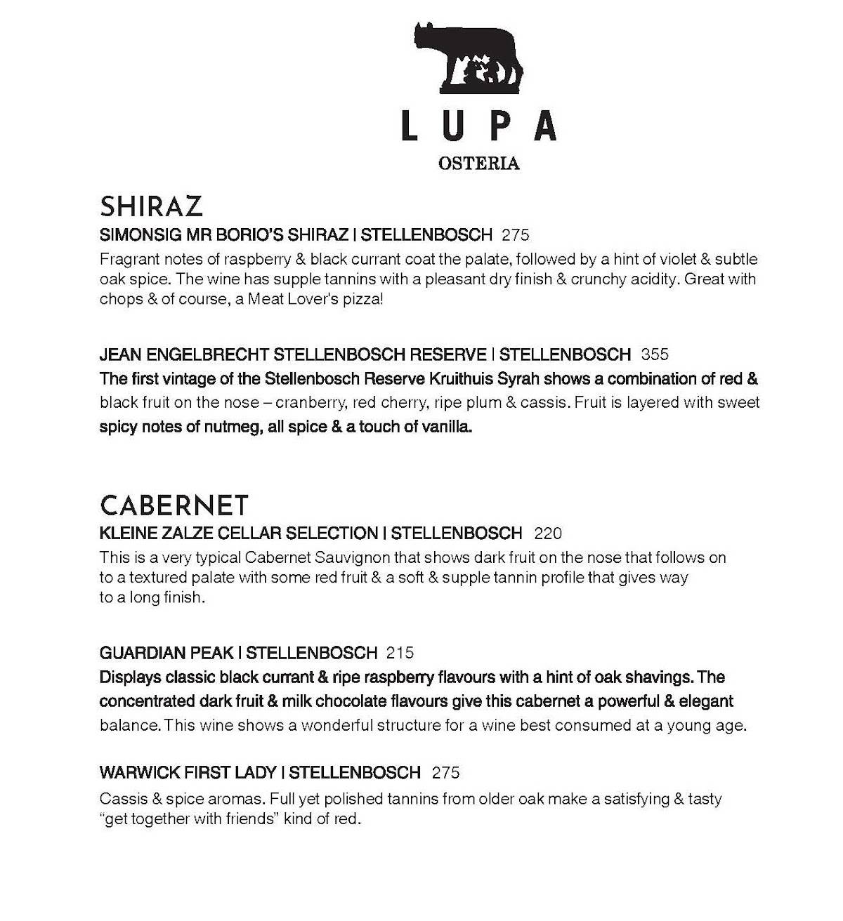 Menu at Lupa Osteria restaurant, Johannesburg, Kwena Square Corner of ...