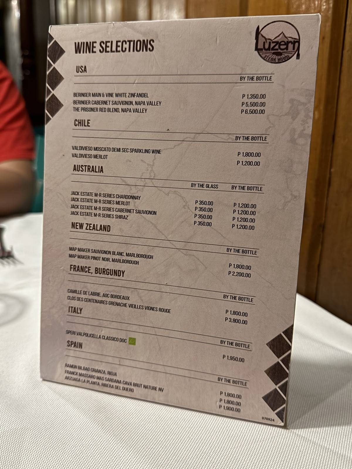 Menu at Luzern Steakhouse, Cebu City