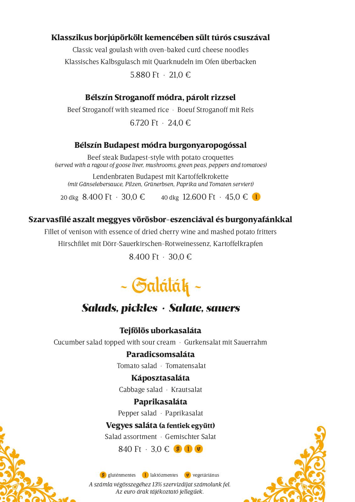 Menu at Mátyás Pince Étterem restaurant, Budapest