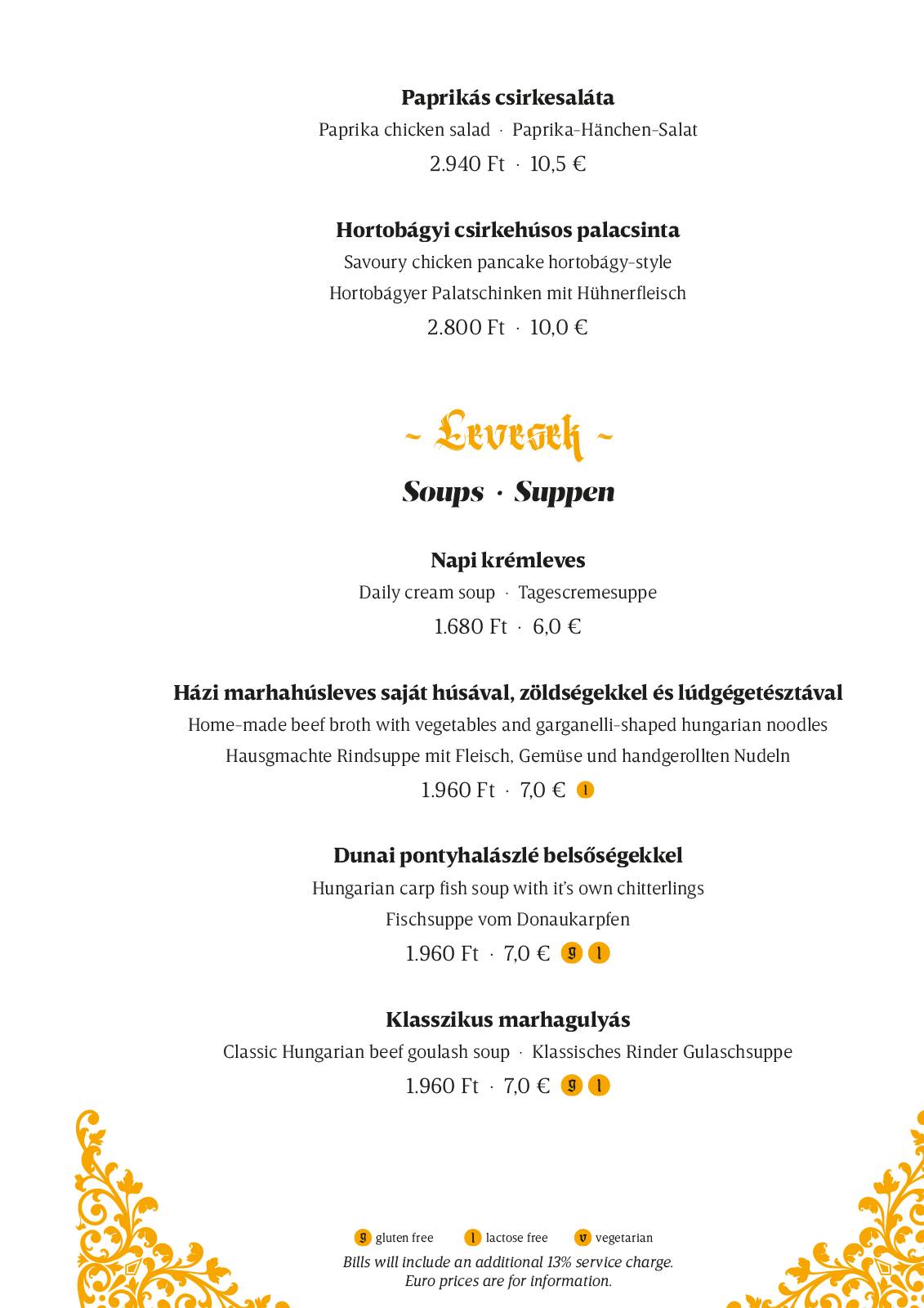 Menu at Mátyás Pince Étterem restaurant, Budapest