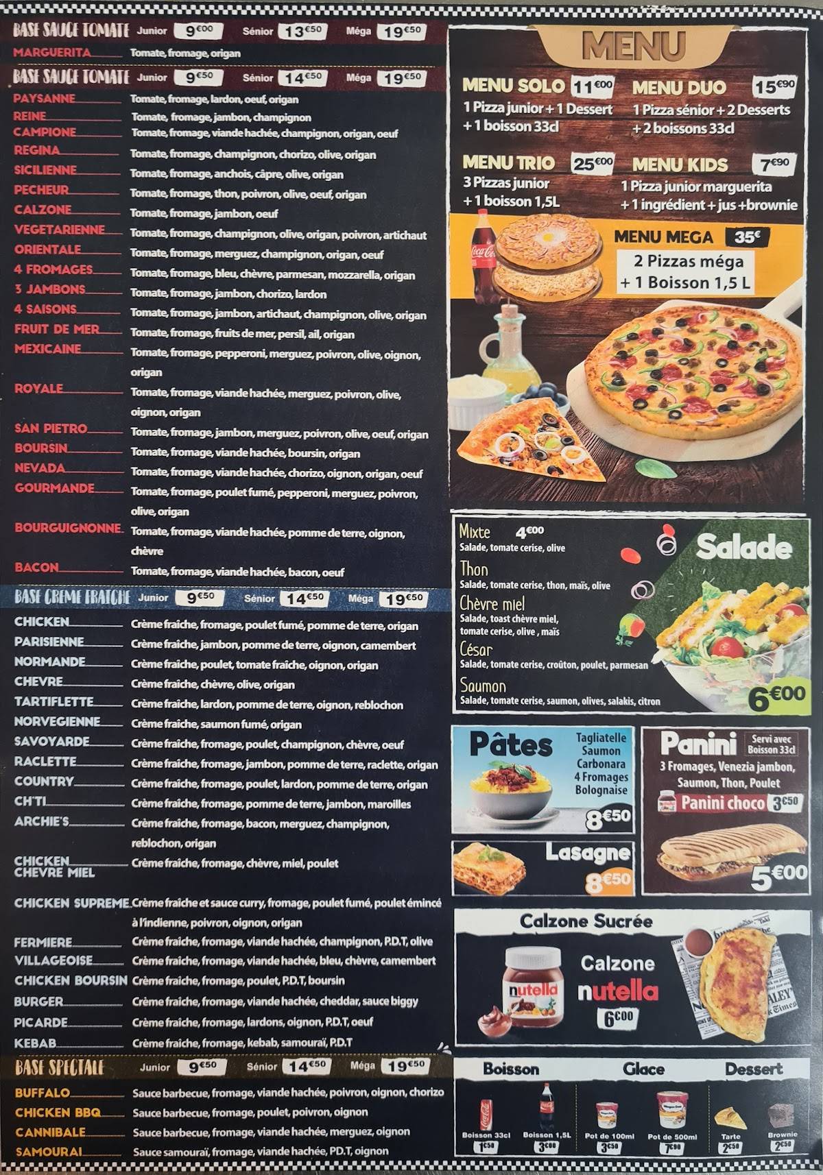 Menu au MA PIZZA restaurant, Verberie