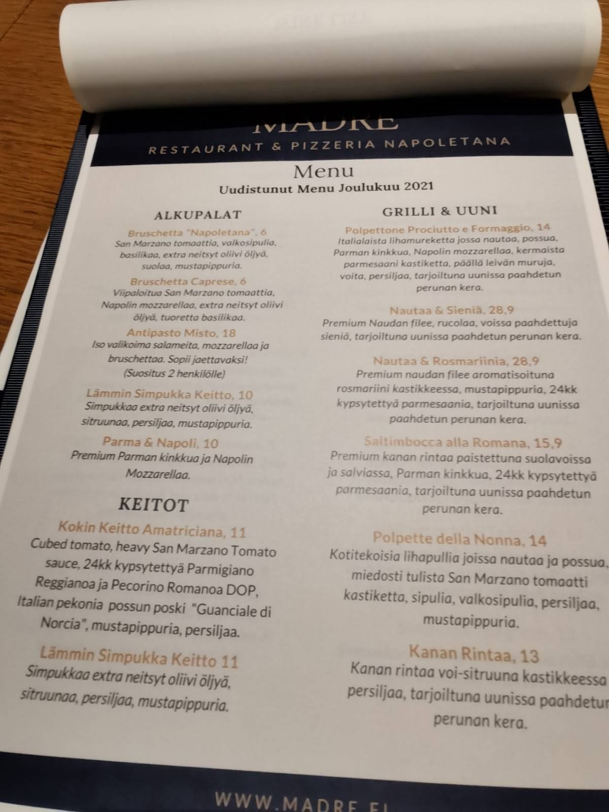 Menu at MADRE Restaurant & Cafe' - PIZZERIA NAPOLETANA, Lahti